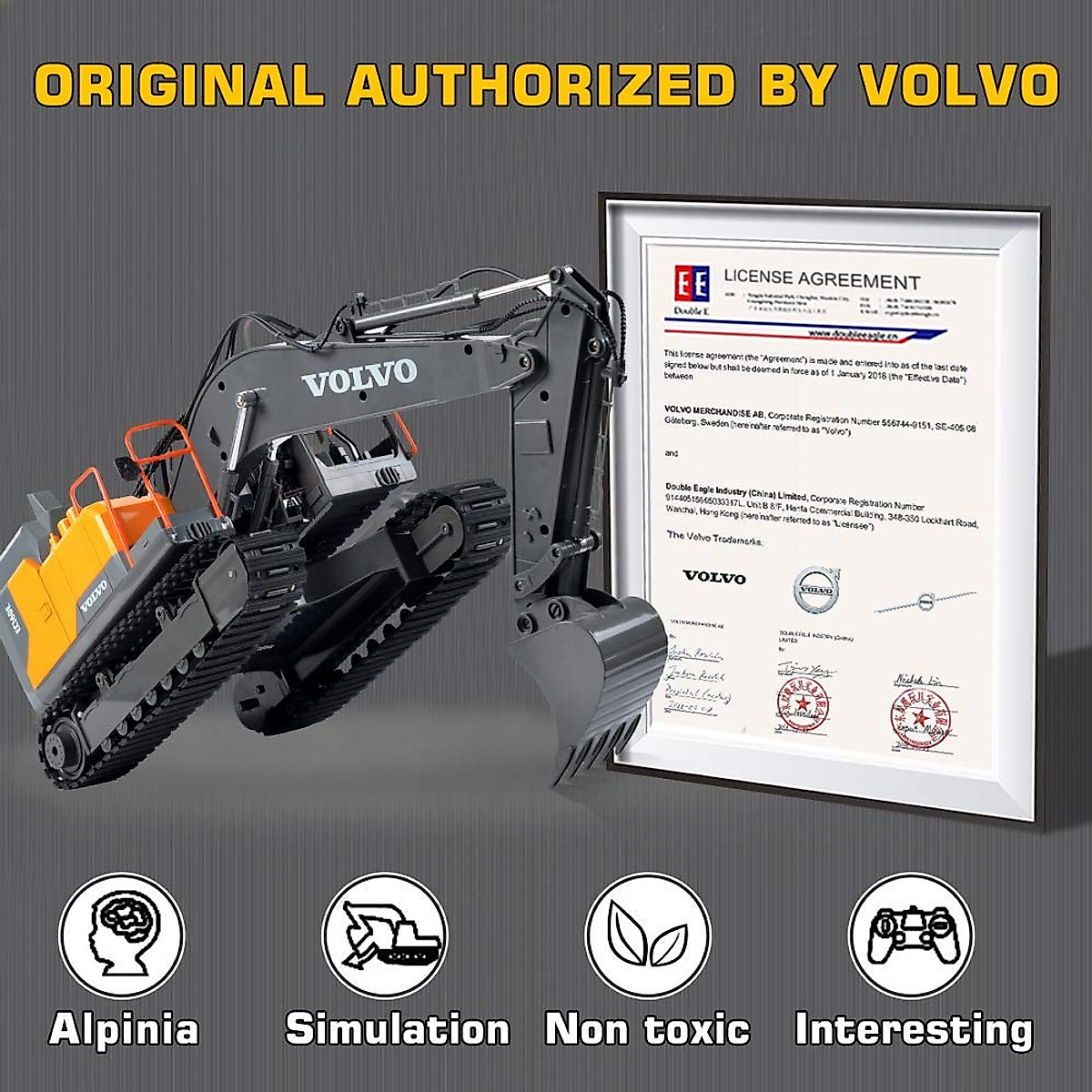 DOUBLE E Volvo RC Excavator 17 Channel 3 in 1 Construction Toys, 17 Channel Remote Control Vehicles Tractor Sandbox Toys Digger with Metal Shovel Drill Grab RC Truck for Kids Adults