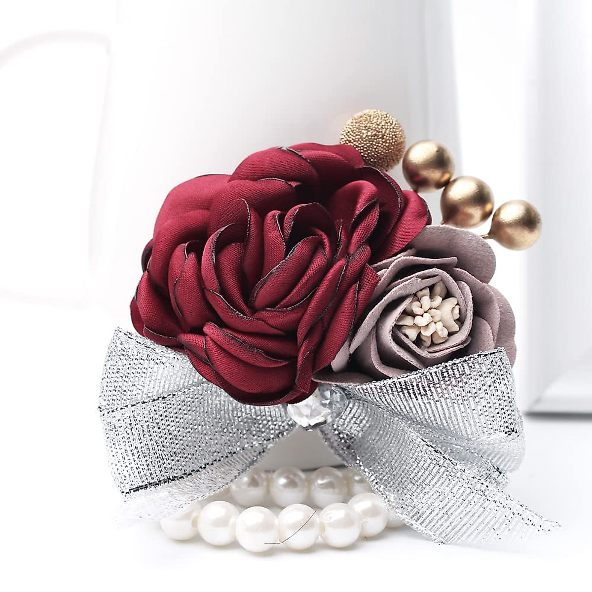 WANLIAN Wrist Corsage,Corsage and Boutonniere Set Bridesmaid Wedding Flower Corsages And Hand Flower Set of 2 for Wedding Prom Party (Red)