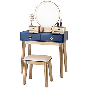 GOFLAME Vanity Table Set 3 Color LED Lighting Modes Touch Screen Dimming Mirror, Jewelry Divider Dressing Table with Round Mirror and Soft Cushioned Stool, 4 Drawers Storage Shelf (Navy)