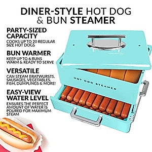 Nostalgia Extra Large Diner-Style Steamer, 20 Hot Dogs and 6 Bun Capacity, Perfect for Breakfast Sausages, Brats, Vegetables, Fish, Aqua
