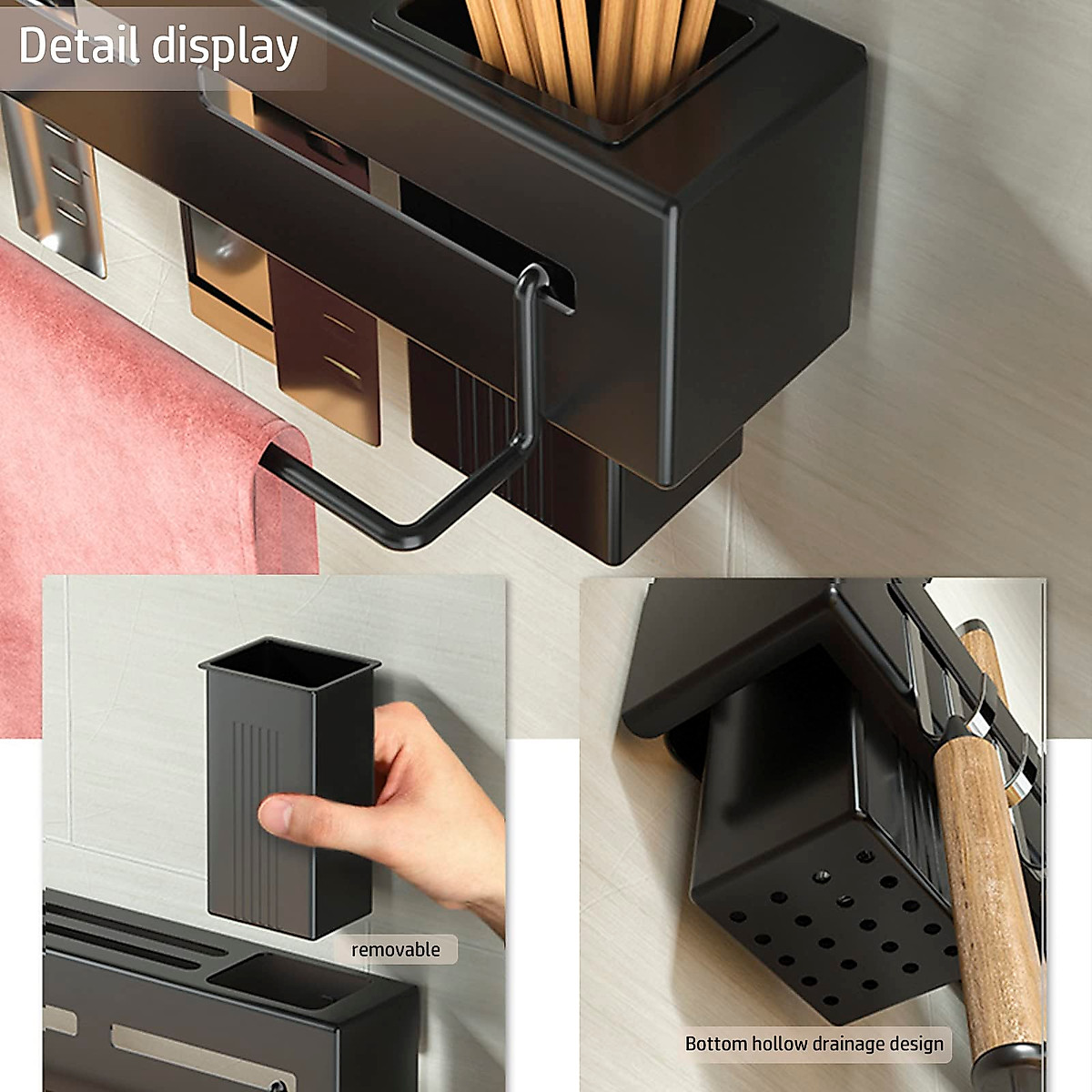 Jaugufiy Kitchen Wall Mount Utensil Rack, Cookware Cutlery Holder Utensil Wall Organizer for Spoons, Knives, Forks, Chopsticks(Black)