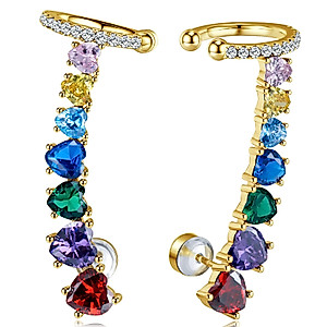 Ear Cuff Climber Earrings For Women 925 Sterling Silver Post Stud Earrings Gold Plated 7 Rainbow Cubic Zirconia CZ Hypoallergenic Jewelry Gift