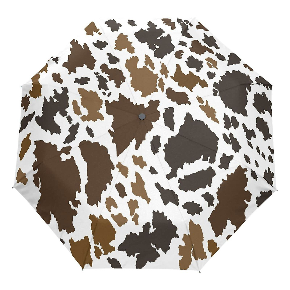 Vdsrup Cowhide Cow Print Auto Umbrella Open Close Brown Animals Print Anti UV Umbrella Compact Windproof Parasol Umbrellas for Travel Car School Sun Rain
