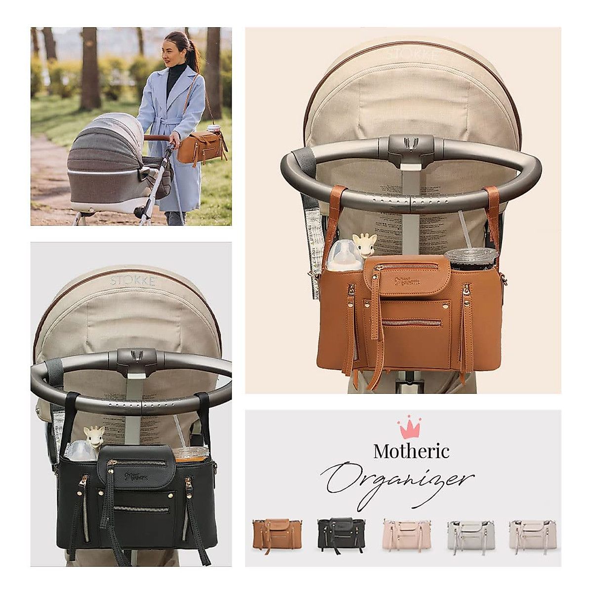 motheric Brown Leather Universal Stroller Organizer Shoulder bag with insulated cup holder, Shoulder strap - Parent console Caddy with strollercup holder