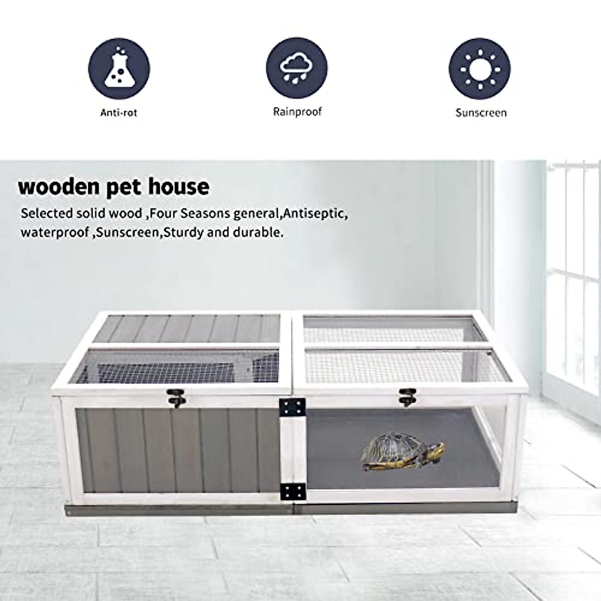 Tortoise Habitat, Wooden Tortoise House w/Removable Waterproof Tray Indoor Outdoor Turtle Enclosure for Small Animals Outdoor Wooden Reptile Cage
