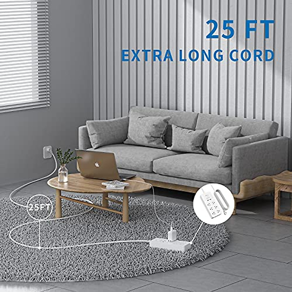 NTONPOWER 25 Ft Extension Cord Flat Plug, Surge Protector Power Strip with 6 Outlets 2 USB, 1875W/15A Circuit Breaker Overload Protection, 1080J, ETL Listed, Wall Mount for Home Office and Workbench