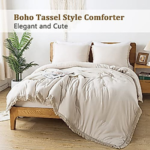 Andency Beige Comforter Set California King, Boho Tassel Lightweight Bedding Comforter Sets, 3 Pieces All Season Soft Fluffy Fringe Bed Set (104x96In Comforter & 2 Pillowcases)