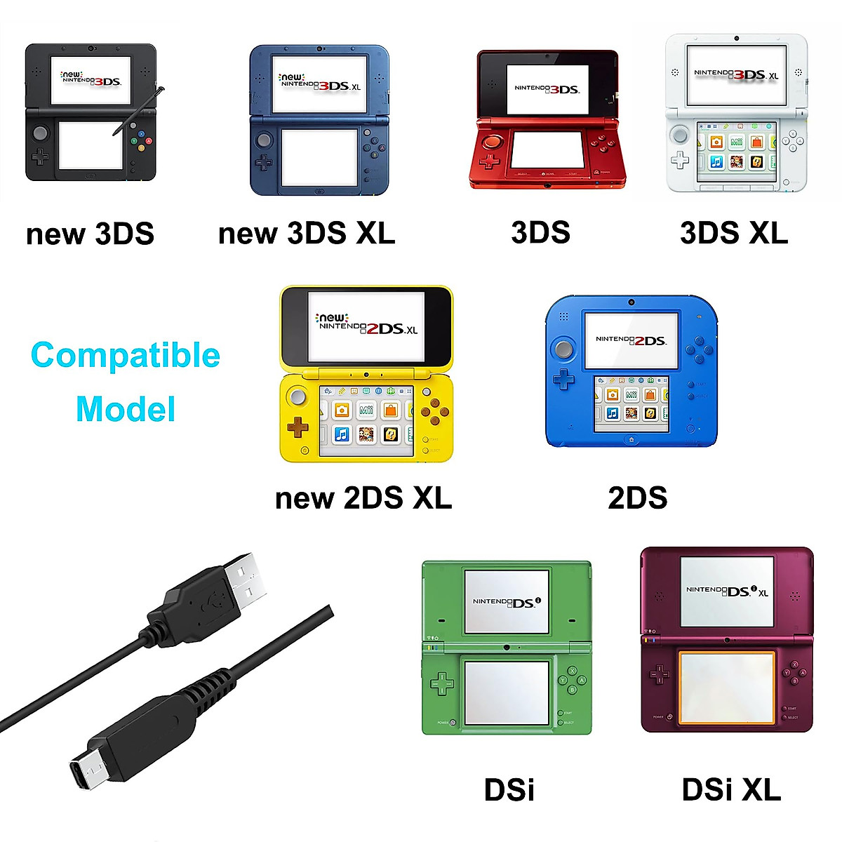 HAUZIK 3DS Charger Cable, USB Charging Cord Compatible with Nintendo 3DS XL, 2DS XL, DSi, XL Series, 2 Pack