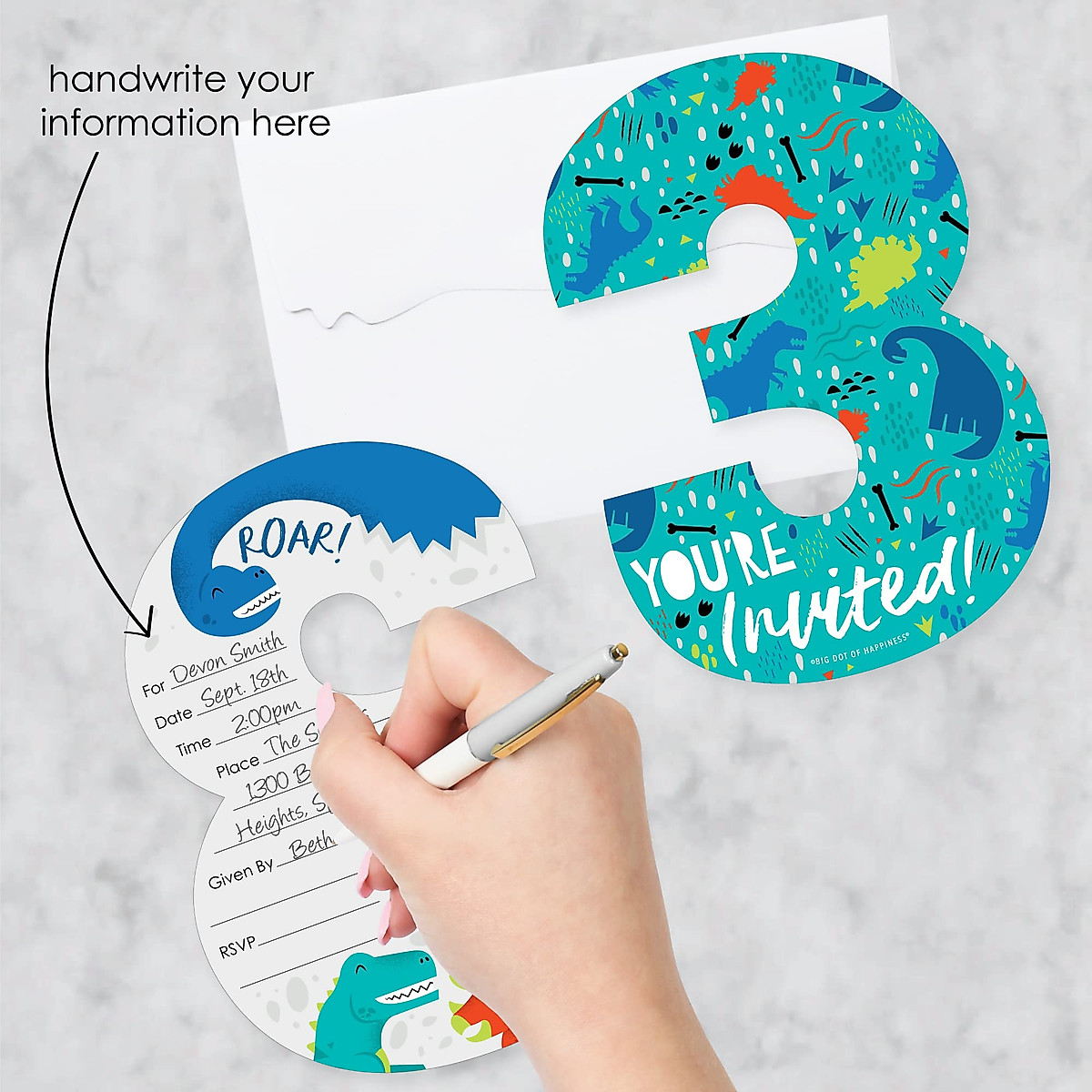 Big Dot of Happiness 3rd Birthday Roar Dinosaur - Shaped Fill-In Invitations - Three Rex Dino Third Birthday Party Invitation Cards with Envelopes - Set of 12