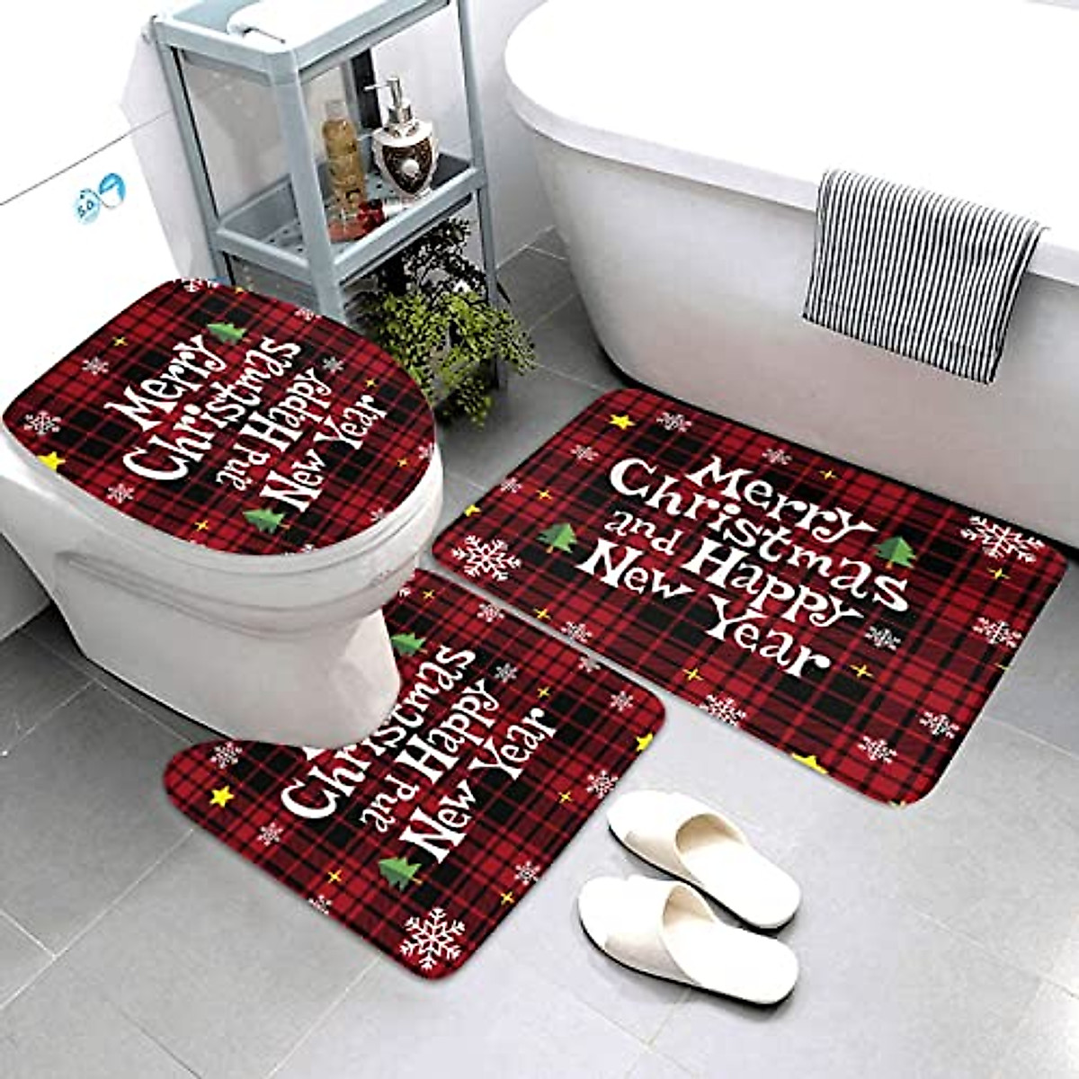 4 Pcs Christmas Red Buffalo Plaid Shower Curtain Set with Rugs, Toilet Lid Cover Bath Mat ,Christmas Shower Curtain with 12 Hooks,65 x 70 Inches Waterproof Christmas Shower Curtain for Bathroom Set