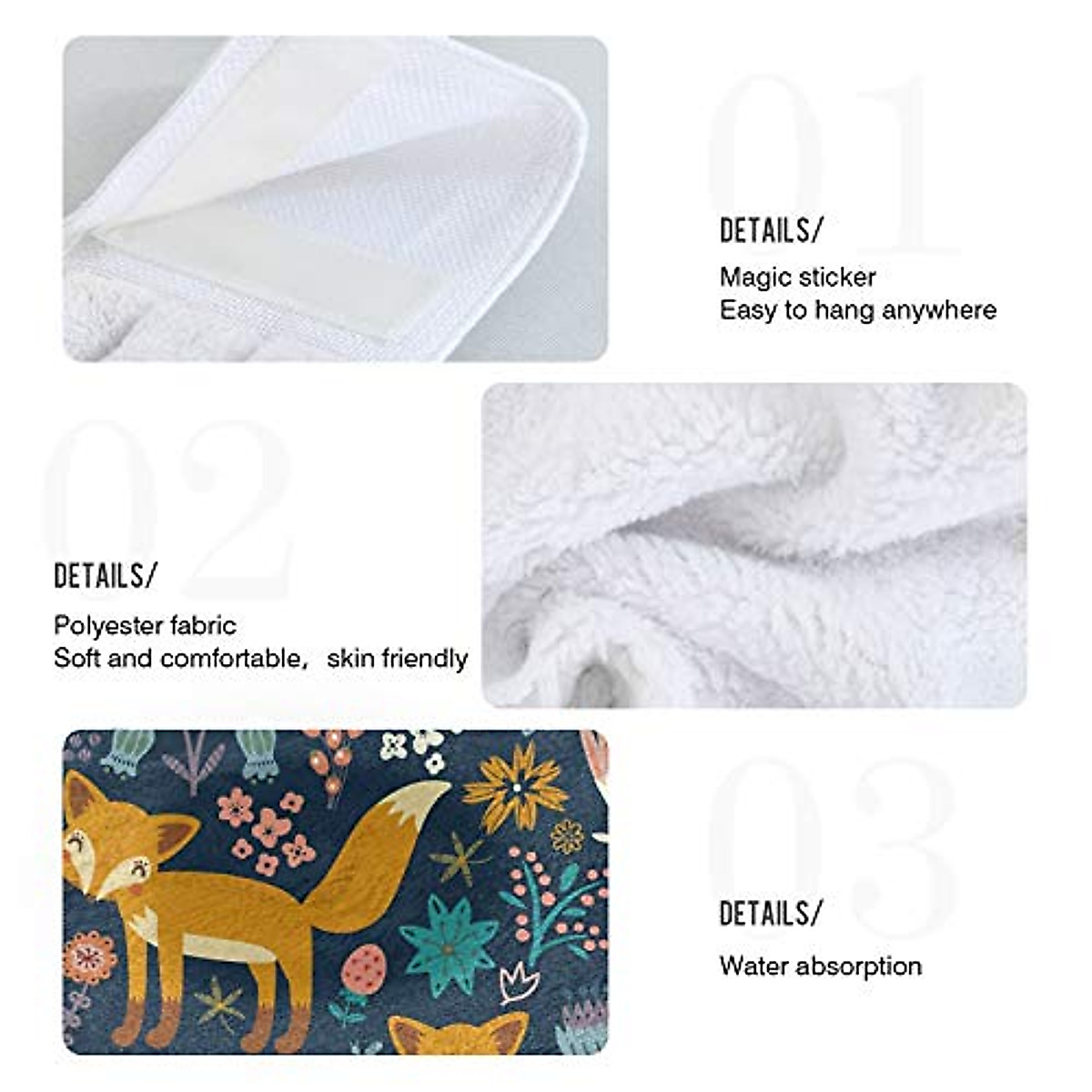 Oarencol Cute Fox Bird Flower Kitchen Hand Towel Forset Animal Floral Absorbent Hanging Tie Towels with Loop for Bathroom 2 Pcs