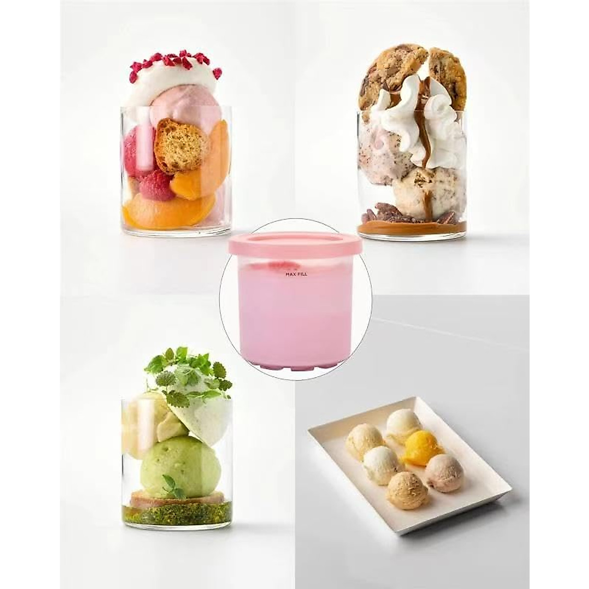 GOHOHOF Ice Cream Pint Containers for Ninja Creami Pints and Lids 4 Pack Extra Replacement Pints for Ninja Creami NC301, NC300, CN301CO, CN305A NC301Series Ice Cream Maker(Grey,Pink,Cyan,Blue Lids)