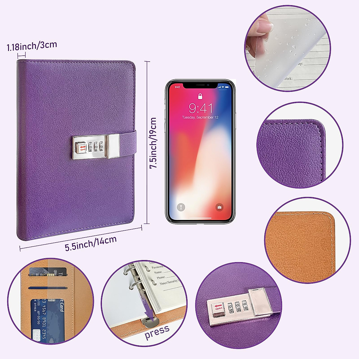 Refillable Password Book with Alphabetical Tabs & Lock, 7.5x5.5in, Hardcover Password Keeper Book of Internet Website, Password Notebook & Organizer for Home Office, w/Pockets, Purple