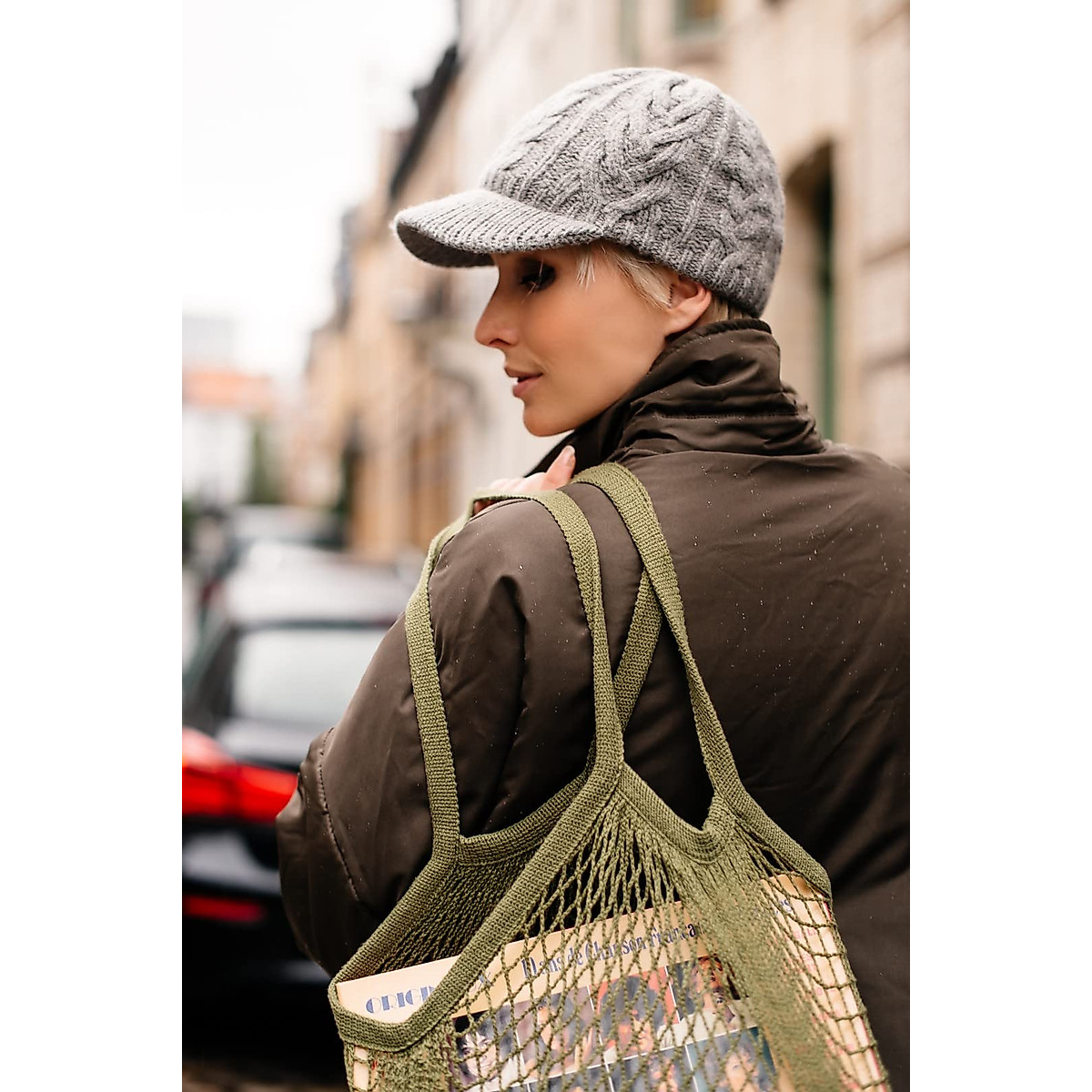 Jeff & Aimy 100% Wool Knitted Visor Beanie with Brim Cold Weather Winter Hat for Women Newsboy Cap Black