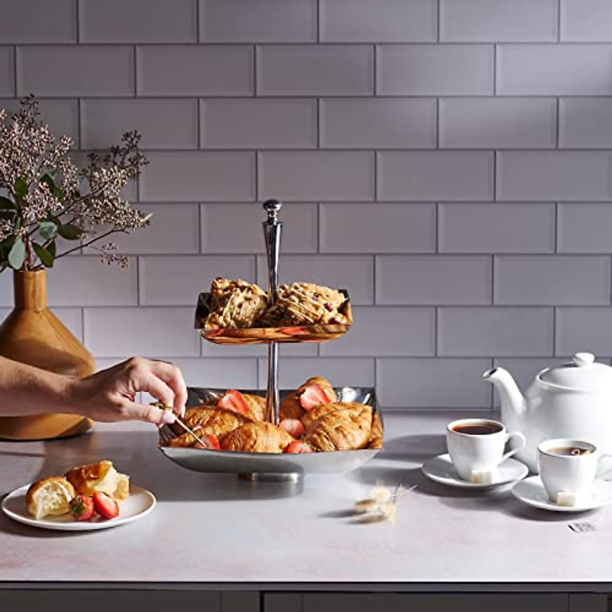 Colleta Home Tier Serving Tray- 2 Tier Cake Stand- Stainless Steel Server Stand- Cupcake Stand- Buffet Tower- Party Platter- Decorative Silver Dessert Tower