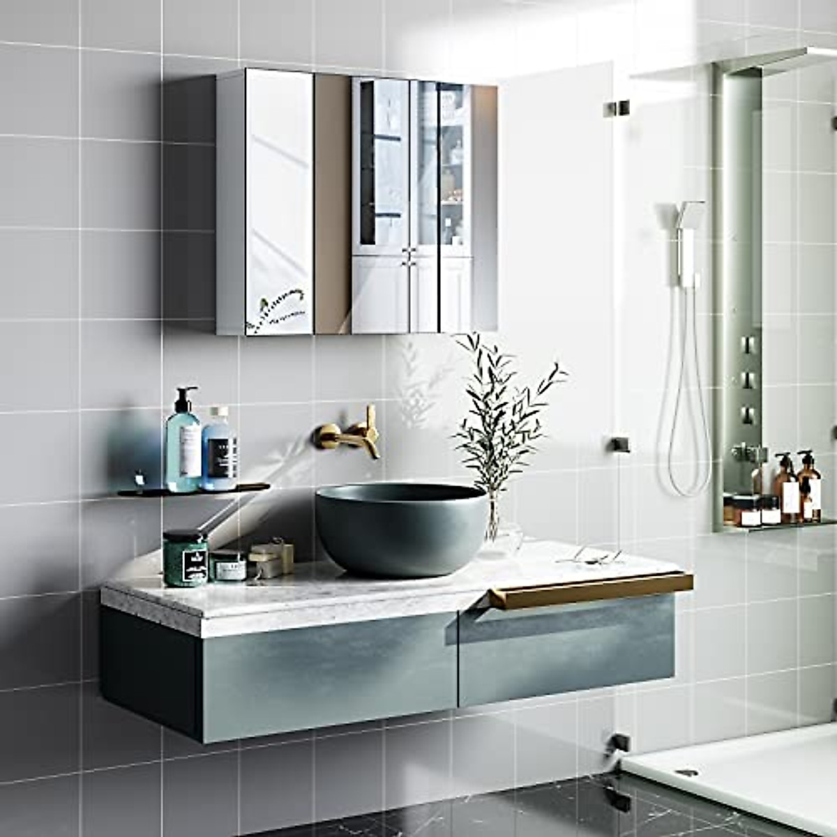 SHUANGZ Bathroom Medicine Cabinet with 3 Doors, 27.6 X 23.6 Inch Wall Mirror Cabinet Multipurpose Storage Organizer Adjustable Shelves, White