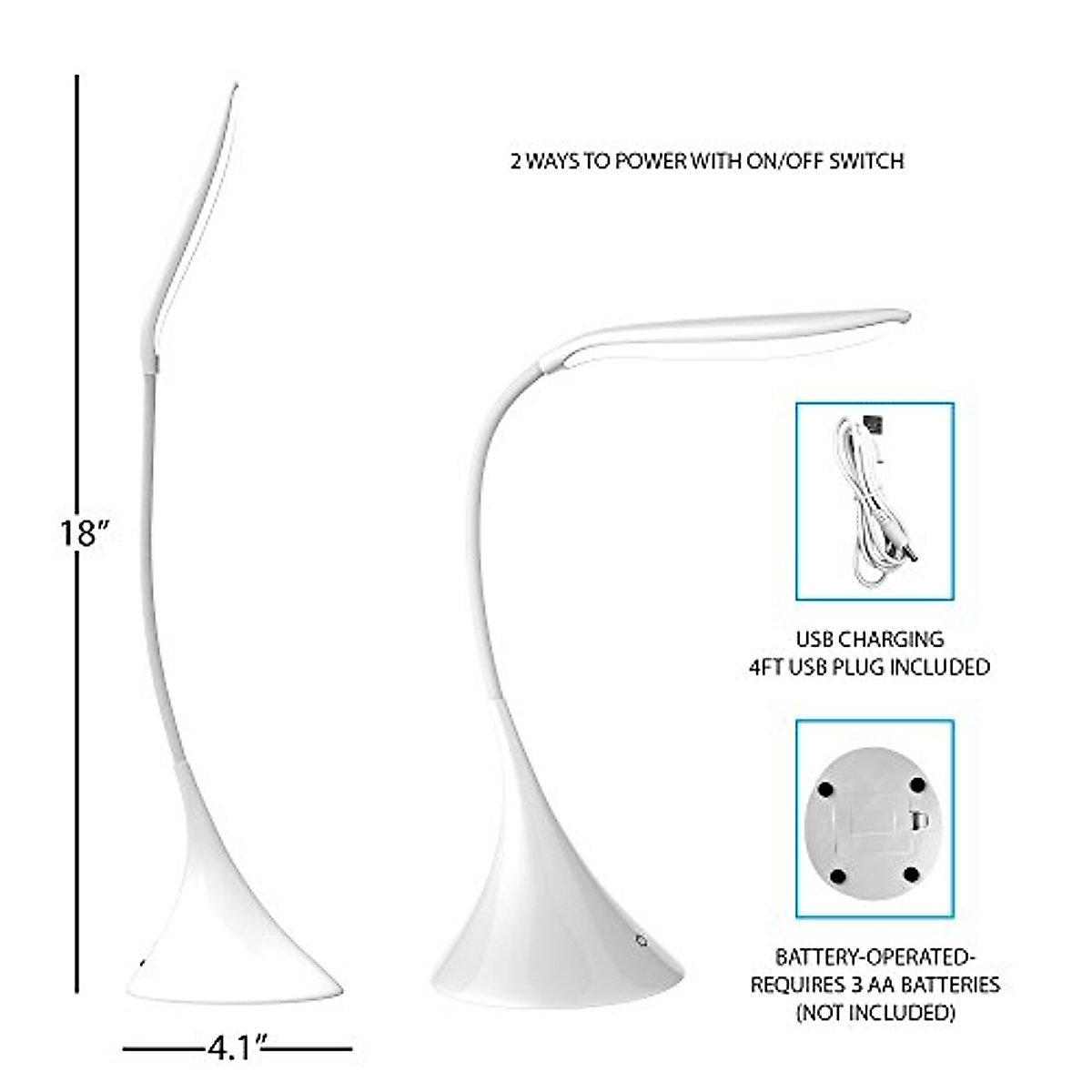Amtone LED Swan Light Desk and Table Lamp, Flexible Gooseneck, USB and Battery Operated, 3 Way Touch Dimmer, 120 Lumens, White - Ideal for Reading, Writing, Studying and Crafts