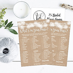 25 Rustic Whats In Your Purse Bridal Wedding Shower or Bachelorette Party Game Item Cards Engagement Activities Ideas For Couples Funny Co Ed Rehearsal Dinner Supplies and Decoration Favors For Guests