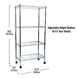 Mind Reader Alloy Collection Adjustable 4-Tier Industrial Storage Shelves with Wheels, Metal, 23.25" L x 13.5" W x 49.5" H, Silver