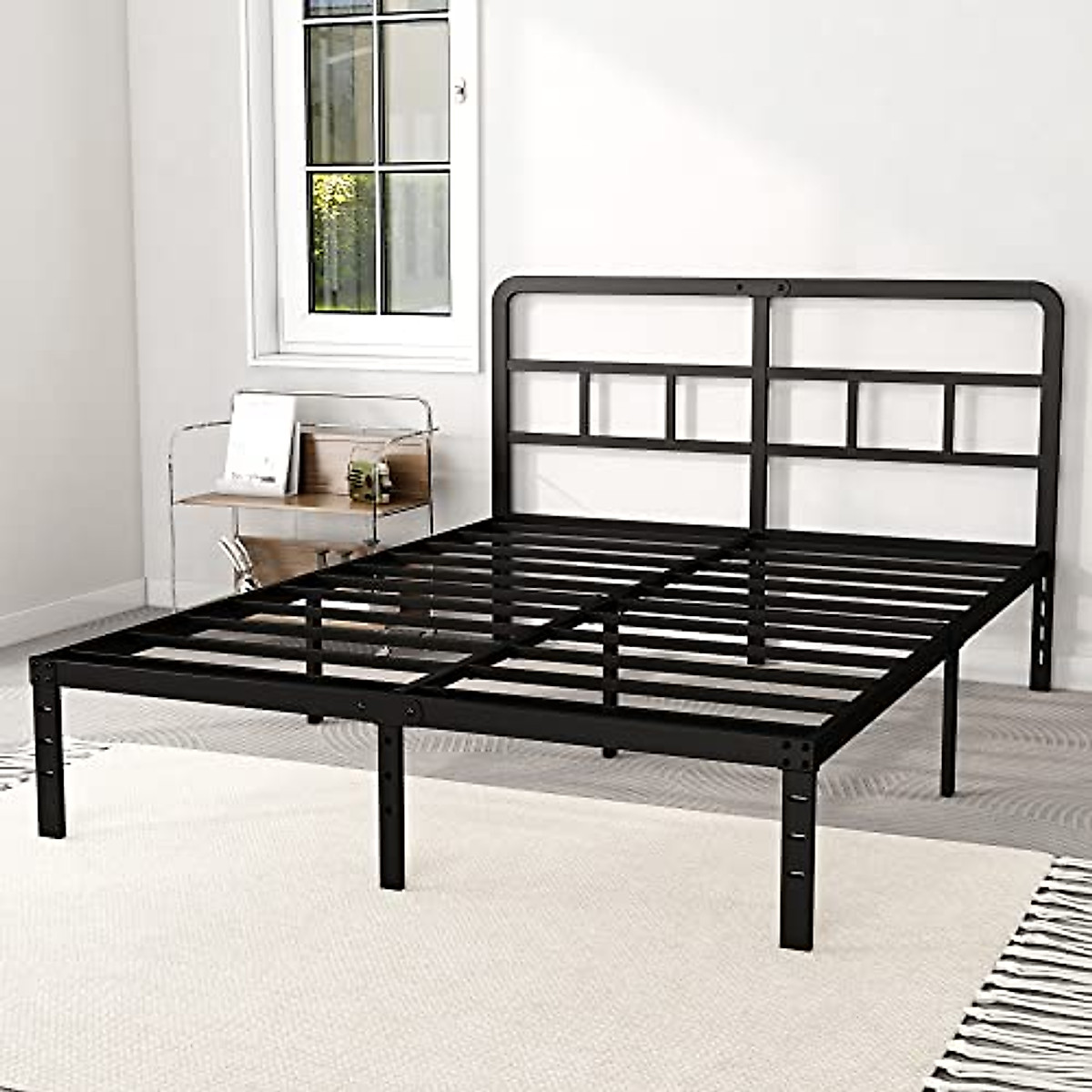 DiaOutro 14 Inch Queen Bed Frame with Headboard No Box Spring Needed, Heavy Duty Metal Queen Size Platform with Steel Slat, Mattress Foundation, Easy Assembly, Noise Free, Black