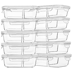 HOMBERKING 10 Pack Glass Meal Prep Containers 2 Compartment, Food Storage Containers with Lids, Airtight Lunch Bento Boxes (10 lids & 10 Containers) - White