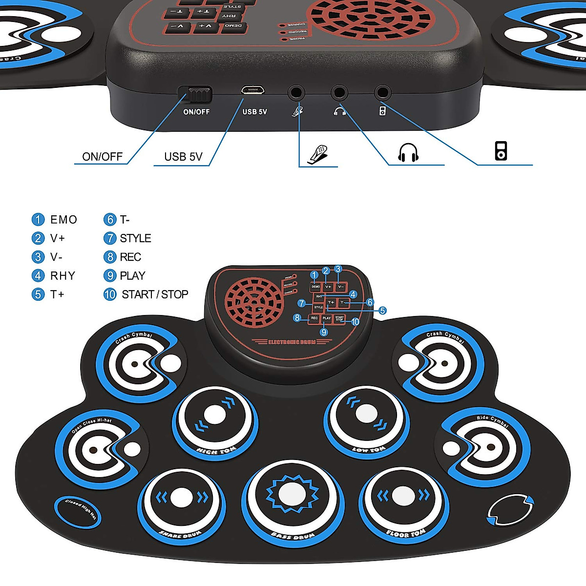 Electronic Drum Set Kids Foldable Practice Drum Pad Rechargeable Drum Kit, Built in Speakers Foot Pedals,Drum Sticks, Birthday Gift for Beginners (Blue)