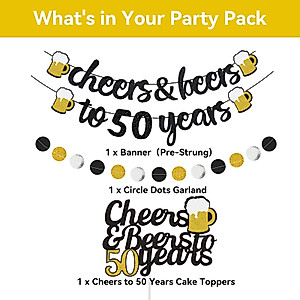 50th Birthday Decorations, 50 Years Anniversary Decorations for Men Women, Cheers to 50 Years Banner with 50 Years Old Cake Topper, Black Gold Glittery Circle Dots Garland for 50 Birthday Wedding