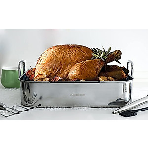Kaiihome Roasting Pan with Nonstick Rack - 16 inch Stainless Steel Rectangular Turkey Pan with Non-stick U-Shaped Rack, Turkey Roaster Pan for Thanksgiving Party