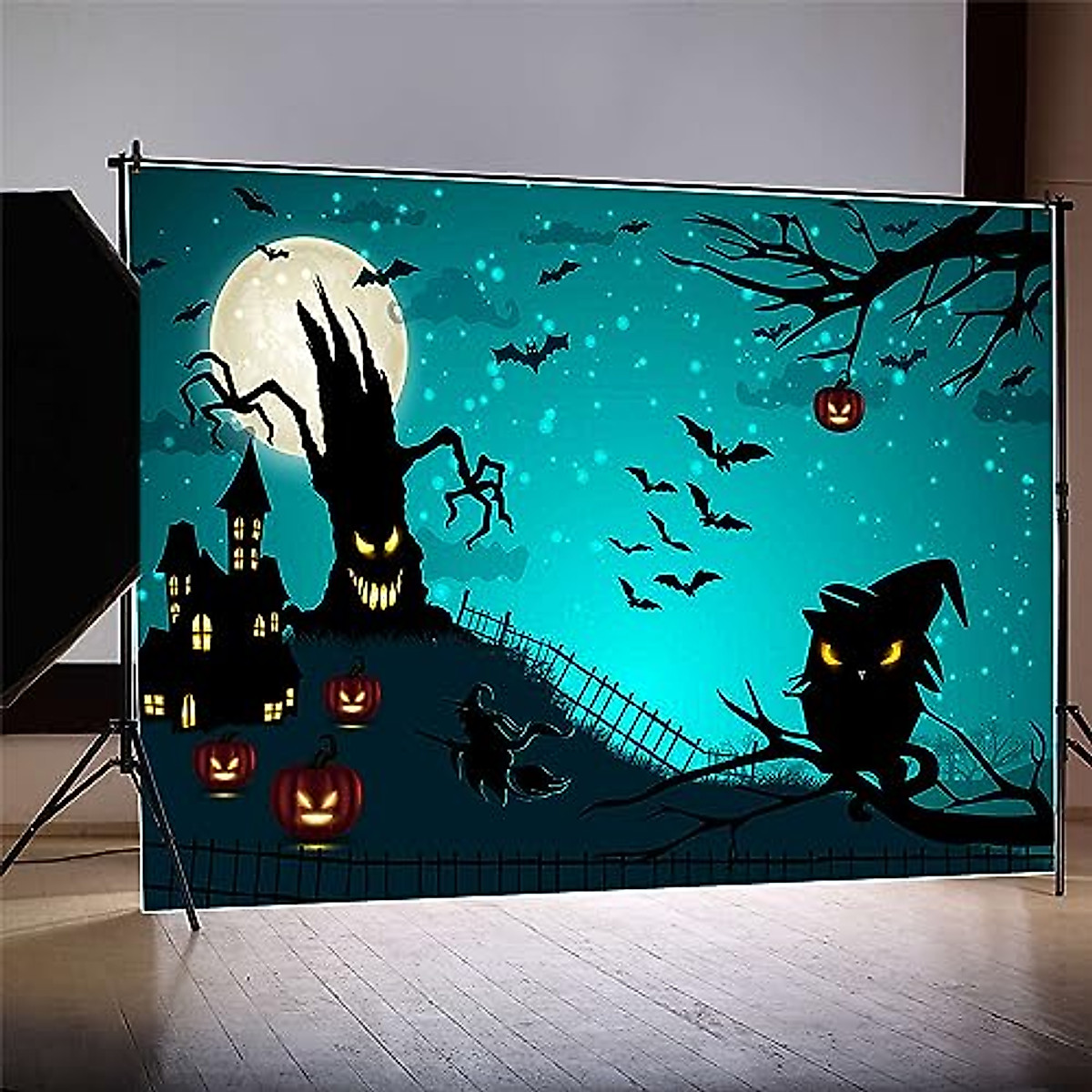MOONDECO Photography Backdrop 7x5ft Halloween Party Props Black Tree Spider Owl Shadow Background Kids Pumpkin Lamp Ghost Fire Fly Bat Photo Booth