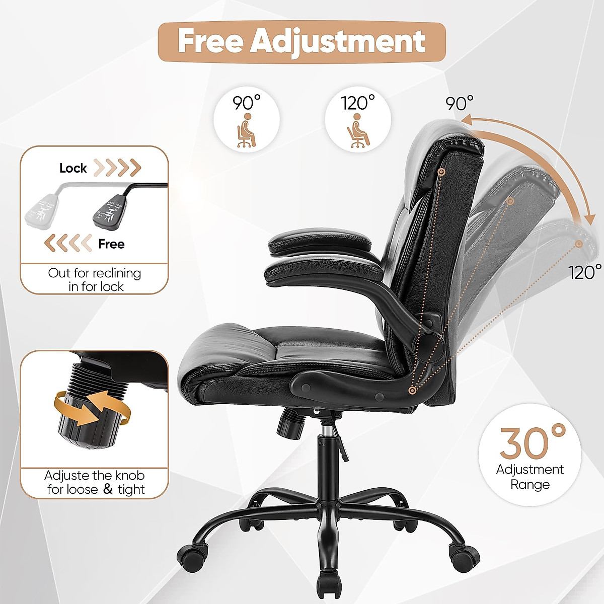 OLIXIS Ergonomic Home Office Desk Chair with Adjustable Flip-up Armrest and PU Leather Low Back Lumbar Support for Adult, Black