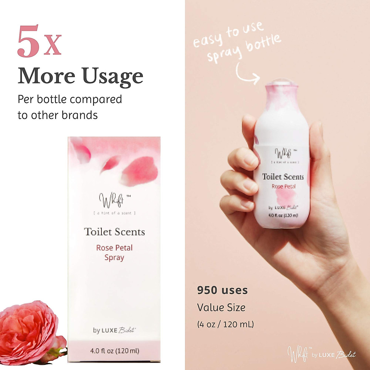 LUXE Bidet Whift Toilet Scents Spray, Rose Petal, Value Size - 4 oz / 120 mL