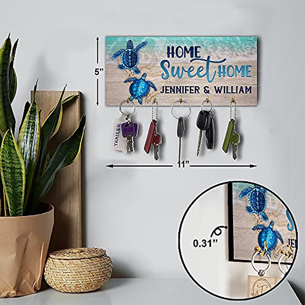 MUCHNEE Personalized Beach House Key Holder for Wall - Home Sweet Home, Customized Key Hook Decor for Kitchen, Living Room - Gifts with Custom Family Name for Couple, Wife, Husband, Family, Friends