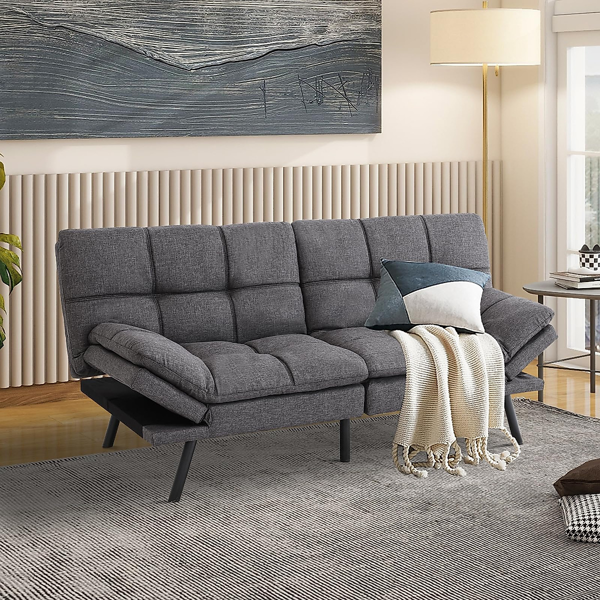 MUUEGM Futon Sofa Bed Couch Modern Linen Fabric Futon Convertible Sofa Bed Memory Foam Futon Couch Bed Sofa Couch Loveseat Sleeper Sofa for Compact Living Spaces,71'' x33''x31.5'',Dark Gray.