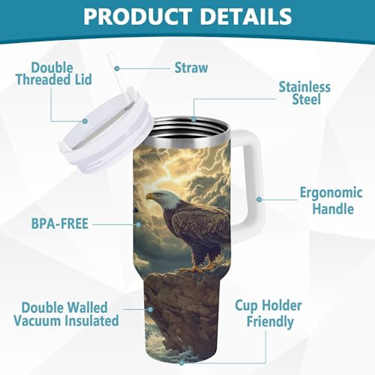 Slewiaeky Tumbler with Handle 40 oz Hawk Animal Classic America Travel Mug with Lid and Straw Stainless Steel Vacuum Insulated Water Bottle Cup for Iced Tea Coffee Cold Beverages Cup Holder Friendly