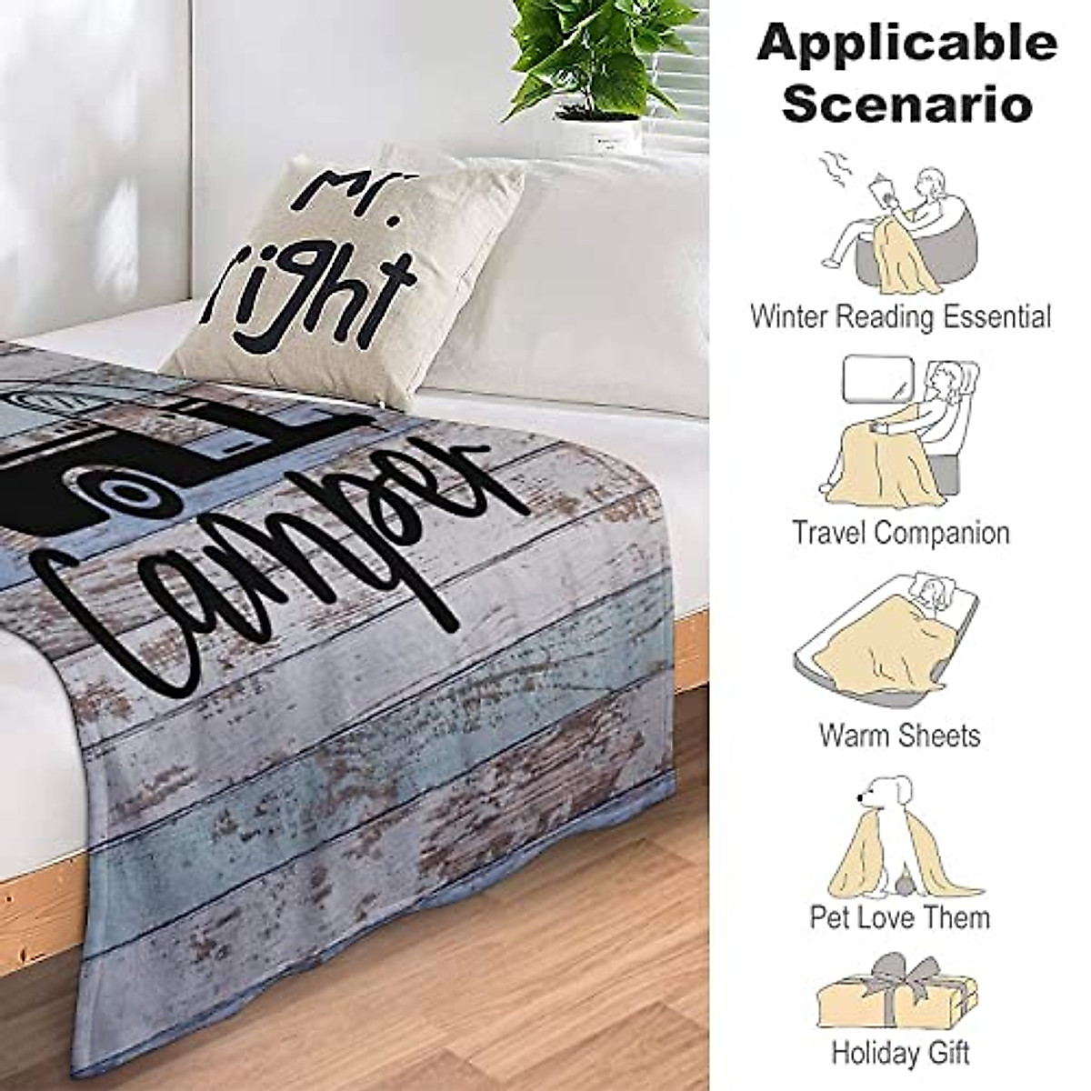 Large Throw Blanket, Vintage Wooden Door Happy Camper 50x60 Inch Super Soft Warm Cozy Throw Blanket, Lightweight Thick Blanket as Bedspread/Coverlet for Women Men Kids, Easy to Care, All Seasons