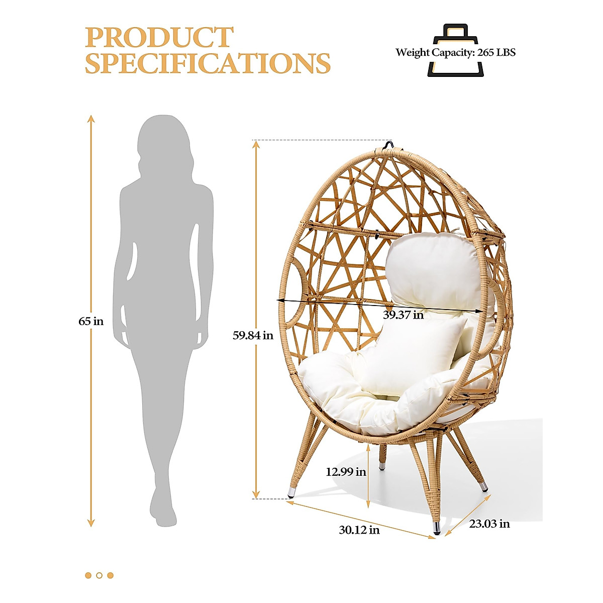Crestlive Products Patio Wicker Egg Chair with Cushion and Pillow, Oversized Rattan Hanging Basket Lounge Chair with Legs, Teardrop Cuddle for Indoor Outdoor Bedroom Garden Deck Balcony (Beige)