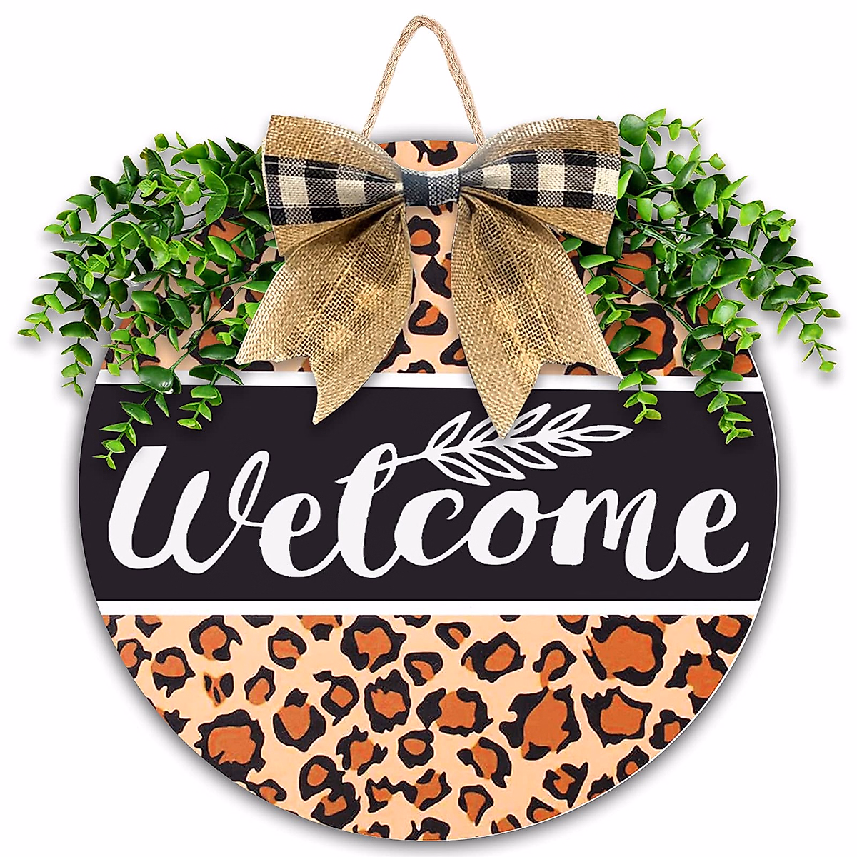 Autumn Decorations Leopard Wreath with Bow Indoor Outdoor - Halloween Leopard Welcome Sign Decorative for Front Door Wall Home Garden Decor