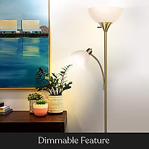 Brightech Sky Dome Plus LED Floor lamp, Torchiere Super Bright Floor Lamp with Reading Lamp for Living Rooms & Offices - Dimmable Tall Standing Lamp for Bedroom Reading - Gold Brass