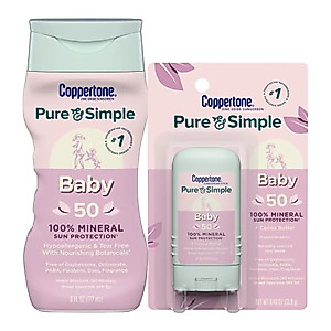 Coppertone Pure and Simple Baby Sunscreen Lotion SPF 50, Broad Spectrum Sunscreen for Baby, 6 Fl Oz Bottle and Pure and Simple Baby Sunscreen Stick, 0.49 Oz
