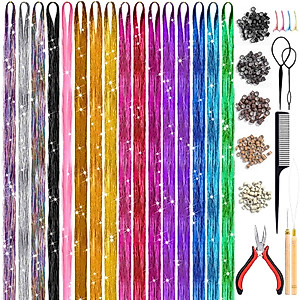 Hair Tinsel Kit (48 Inch, 16 Colors, 3200 Strands), Glitter Sparkling Tinsel Hair Extensions with Tools, Heat Resistant Fairy Hair Tinsel Kit for Women Girls Cosplay Party Festival Hair Accessories