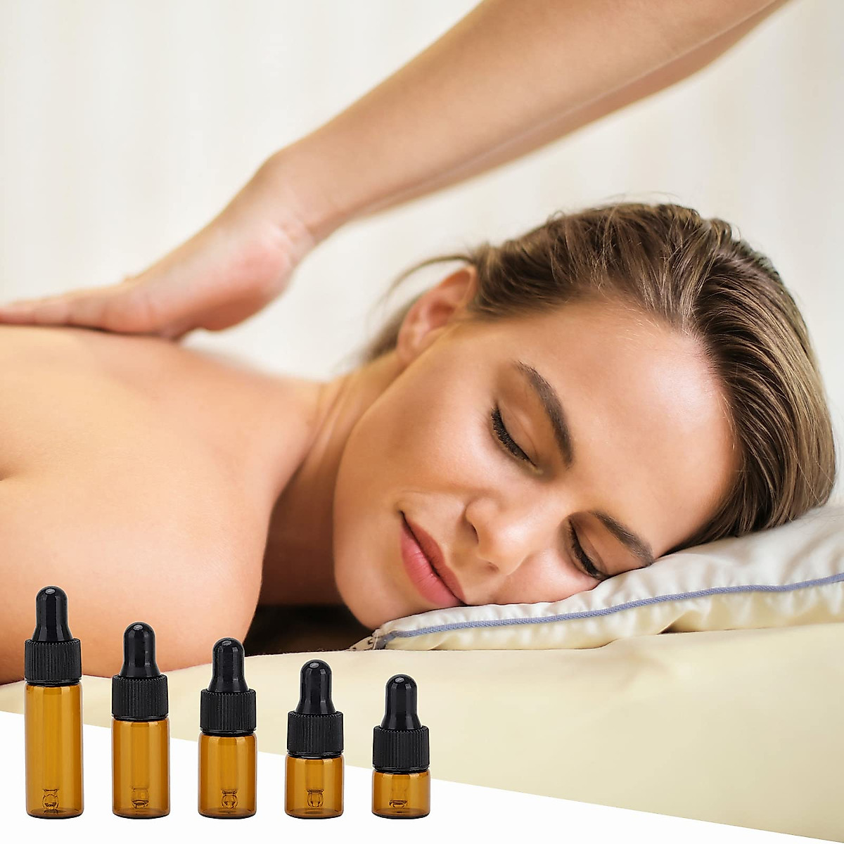 50Pcs Amber Glass Dropping Bottles 1ml 2ml 3ml 4ml 5ml Mini Essential Oil Dropper Bottles Empty Travel Sample Vials with Black Cap for Essential Oils, Aromatherapy, Cosmetic, Laboratory, Traveling