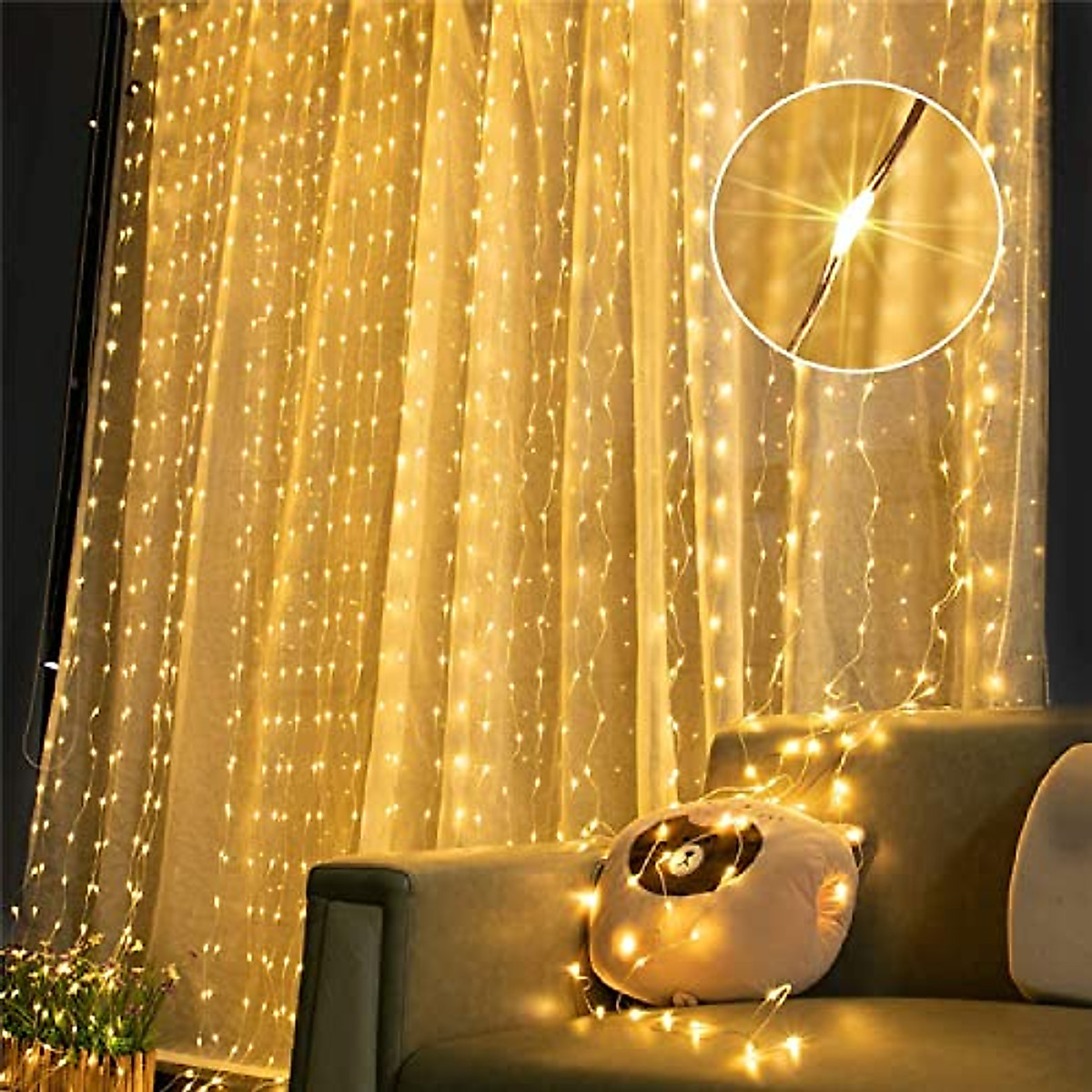 Warm White 3MX2M 200LEDs Solar Garland Curtain Light led Outdoor Fairy Lights Sunlight Powered String Lights for Window Garden Home Christmas Decor