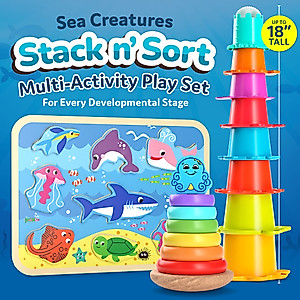 CoolToys Stack n’ Sort Toddler and Baby Learning Toys Set - 3 Fine Motor Skills Educational Toys for Toddlers, Wooden Stacking Rings, Stacking & Nesting Cups, Wooden Baby Puzzle, Ocean Theme