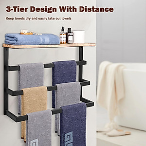 NearMoon Hanging Towel Rack for Bathroom, Thicken Metal Towel Holder with Wood Shelf, 3-Tier Towel Bar Storage, Wall Mounted Towel Hangers Bathroom Decor Organizer Accessories (24 Inch, Matte Black)