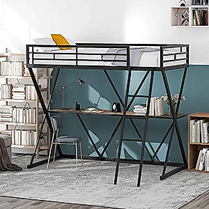 ATY Metal Loft Bed with Wood Desk and Ladder, X-Shaped Twin Size Bedframe w/Full-Length Guardrails, for Kids Teens Adults, Bedroom Furniture, Black