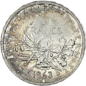 1963 FR French Silver KM# 926 5 Francs About Uncirculated