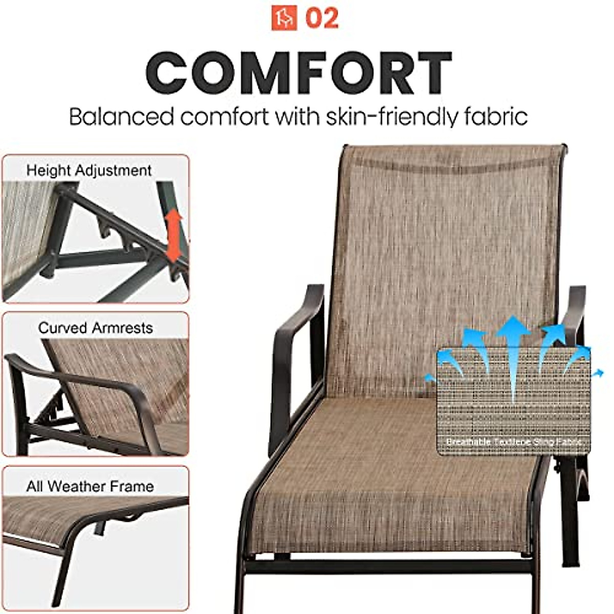 PatioFestival Patio Chaise Lounge Outdoor Adjustable Back Metal Lounge Chair with Bistro Table 3 Pieces for Porch Backyard Pool