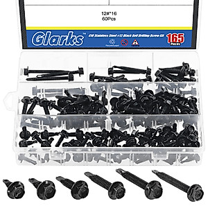 Glarks 165Pcs 410 Stainless Steel #12 Hex Washer Head Self Drilling Screws Assortment Kit 6 Size Black #12x5/8, #12x3/4, #12x1, #12x1-1/4, #12x1-1/2, #12x2 Sheet Metal Screws with Drill Point
