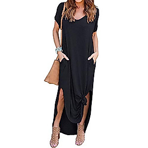 GRECERELLE Women's Casual Loose Pocket Long Dress Short Sleeve Split Maxi Dress Black Large
