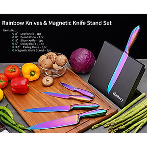 Rainbow Knives Block Set 6 Pieces, Iridescent German High Carbon Stainless Steel Kitchen Knives Pack with Magnetic Knife Display Rack